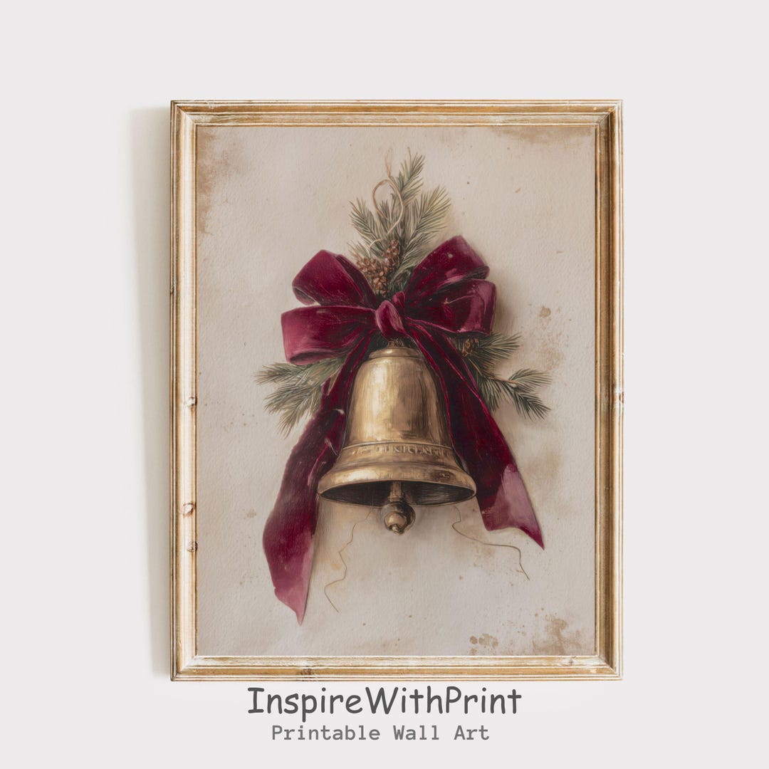 Vintage Christmas Bell With Red Bow Print, Cozy Holiday Wall Art ...