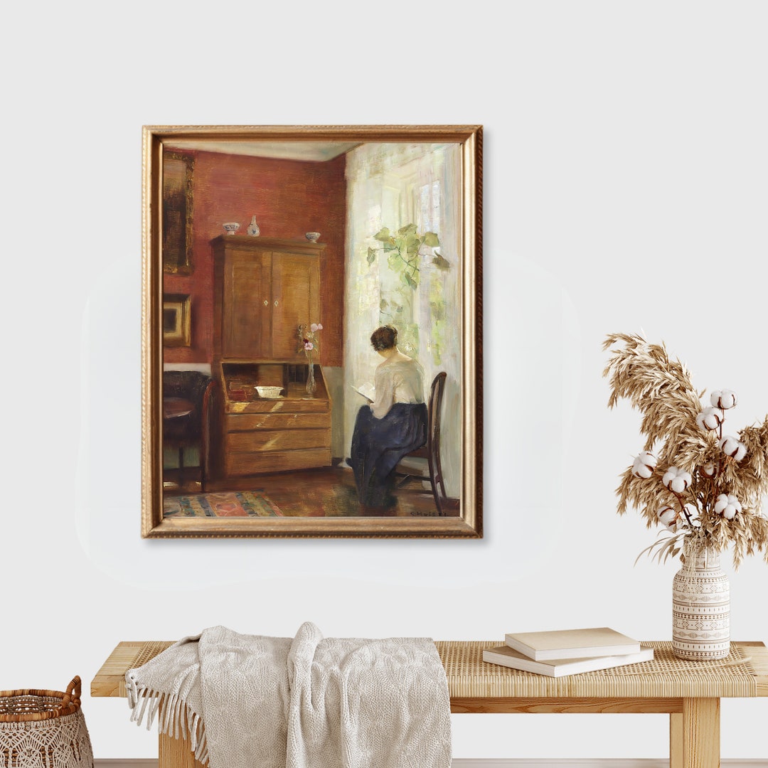 Vintage Woman Reading Portrait Painting, Digital Download Antique ...