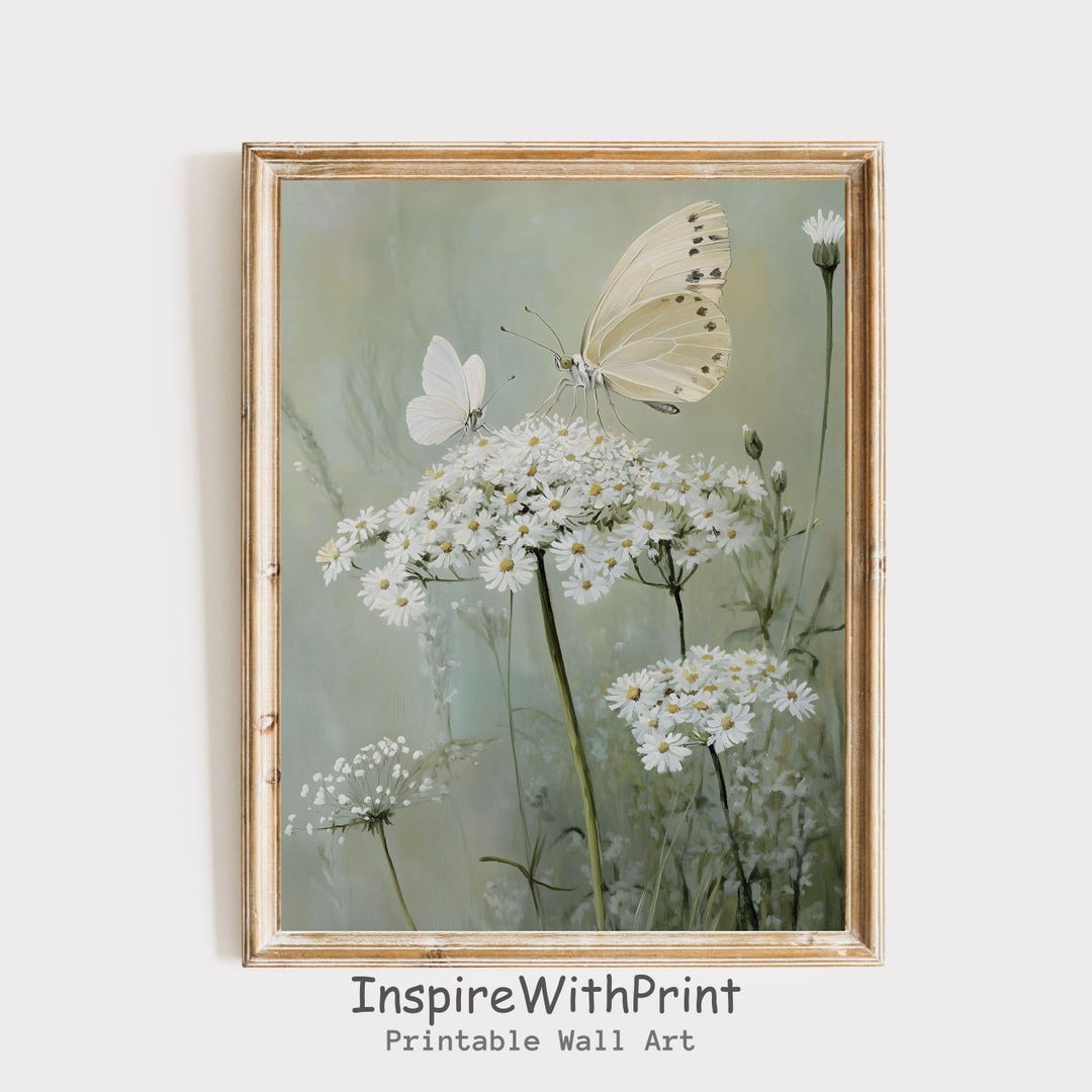 White Floral Printable Sage Green Wall Art, Moody Wildflower Print ...