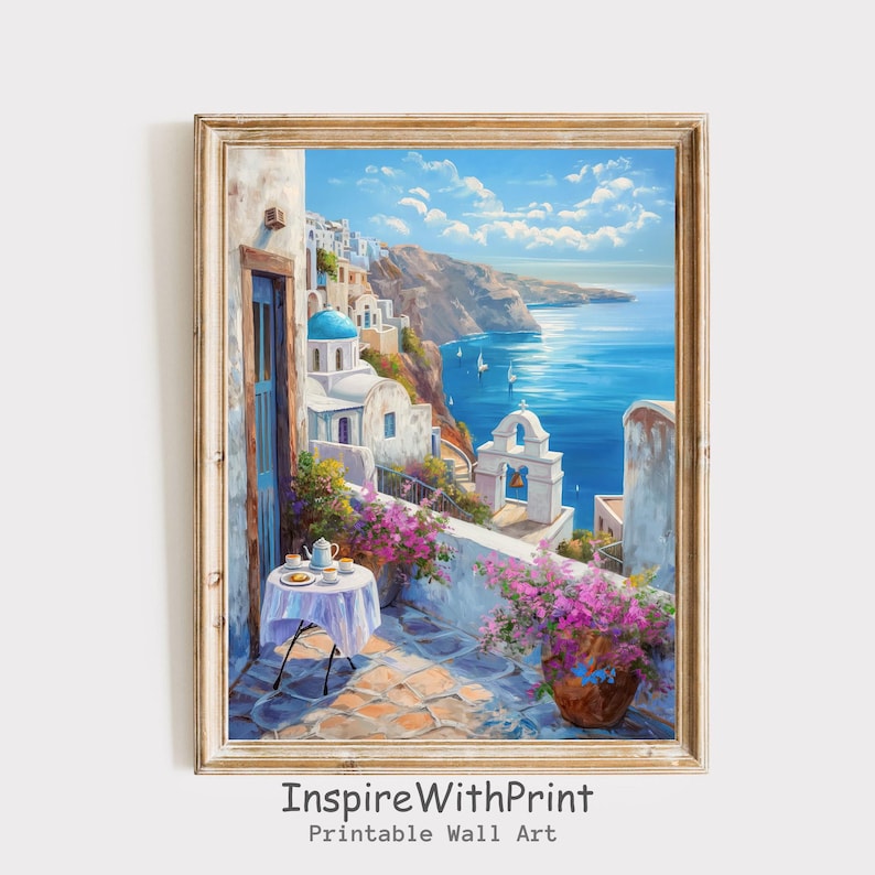 Santorini Terrace Wall Art, Greek Island Ocean Painting, Mediterranean ...