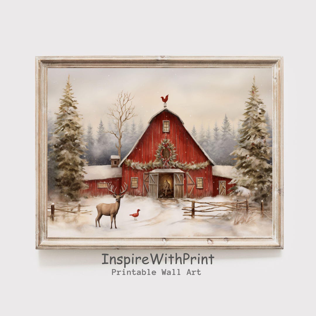 Rustic Christmas Farmhouse Wall Art, Christmas Red Barn Print Winter ...