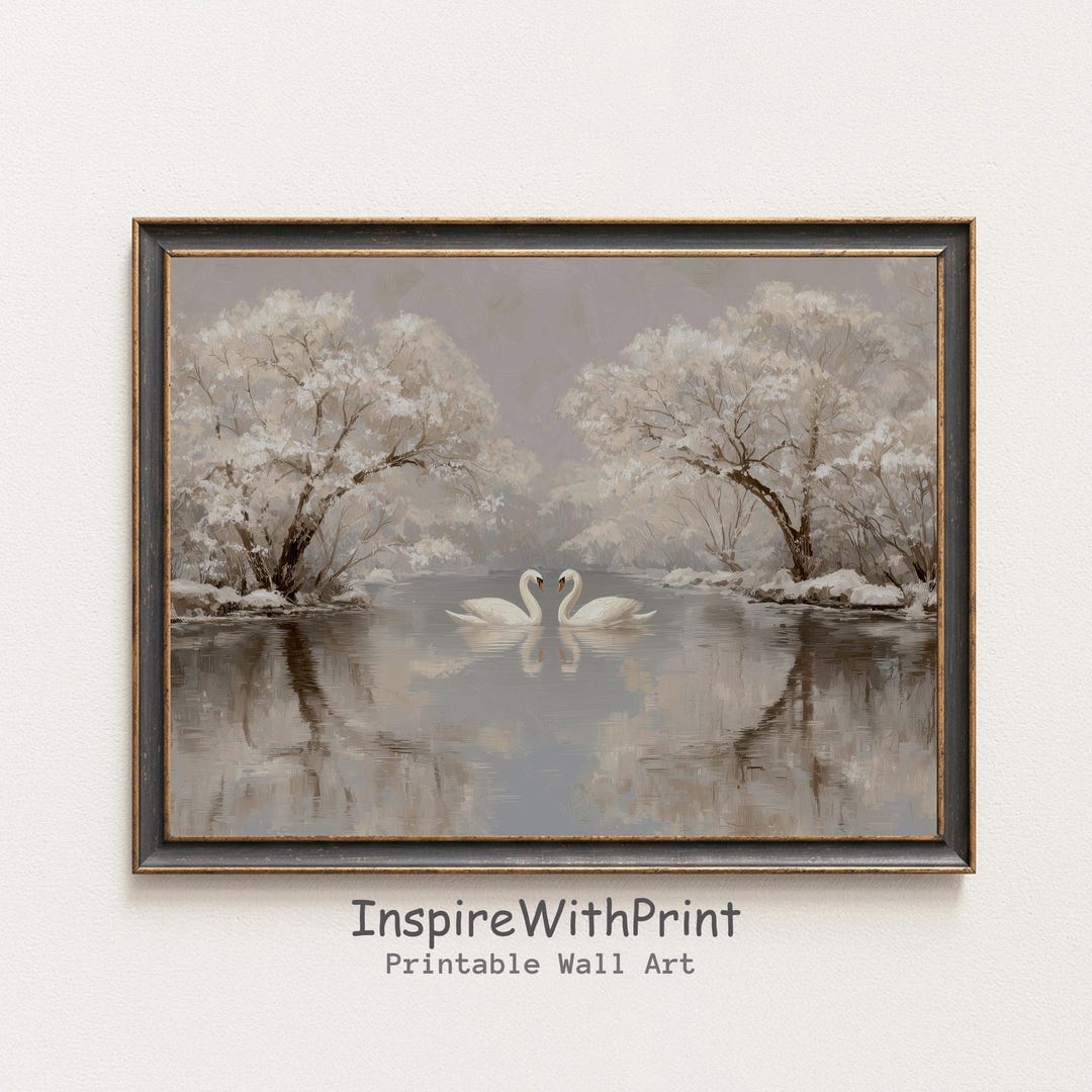 White Swans Wall Art, Romantic Swan Lake Print, Neutral Winter Nature ...