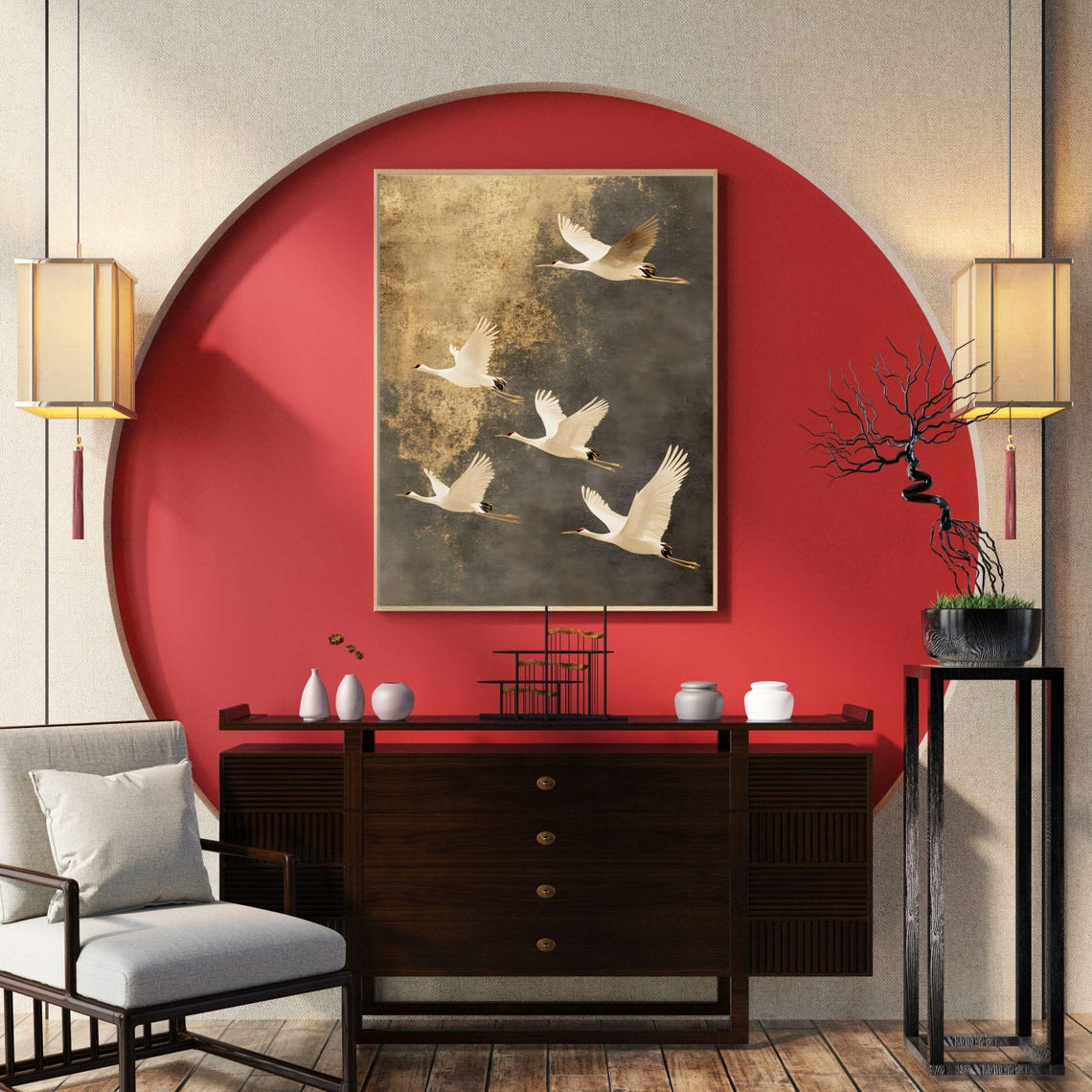 Art mural grues volantes, Art de style Japandi imprimable troupeau d ...
