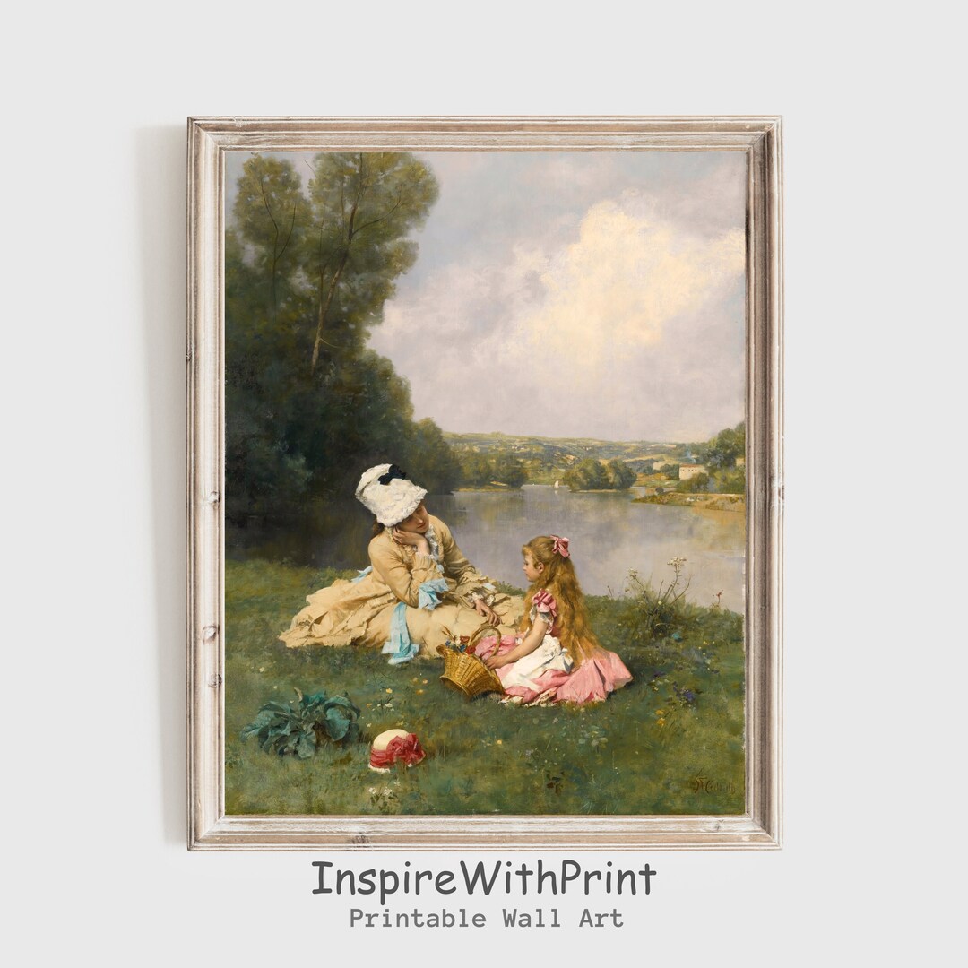 Vintage Mother and Daughter Painting, Digital Download Mother and Kid ...