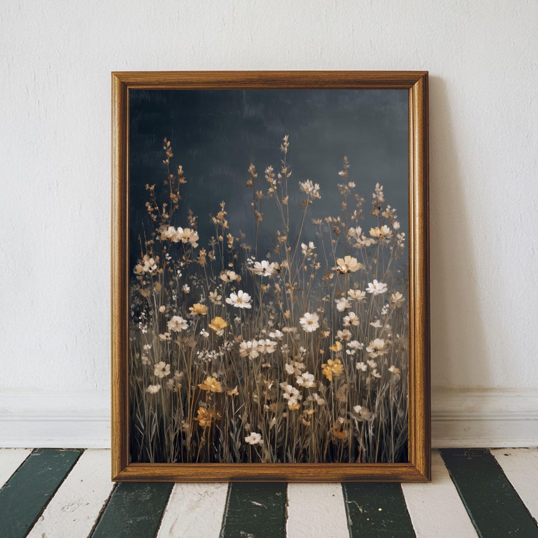 Wildflower Meadow Wall Art, Dark Spring Cottagecore Painting, Neutral ...