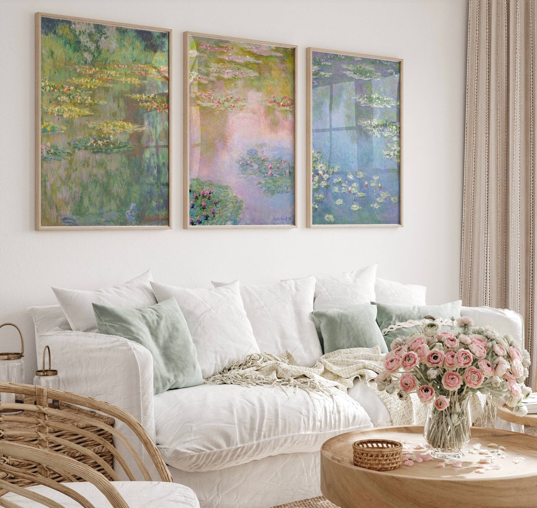 Vintage Water Lilies Painting Set of 3, Claude Monet Water Lilies Art ...
