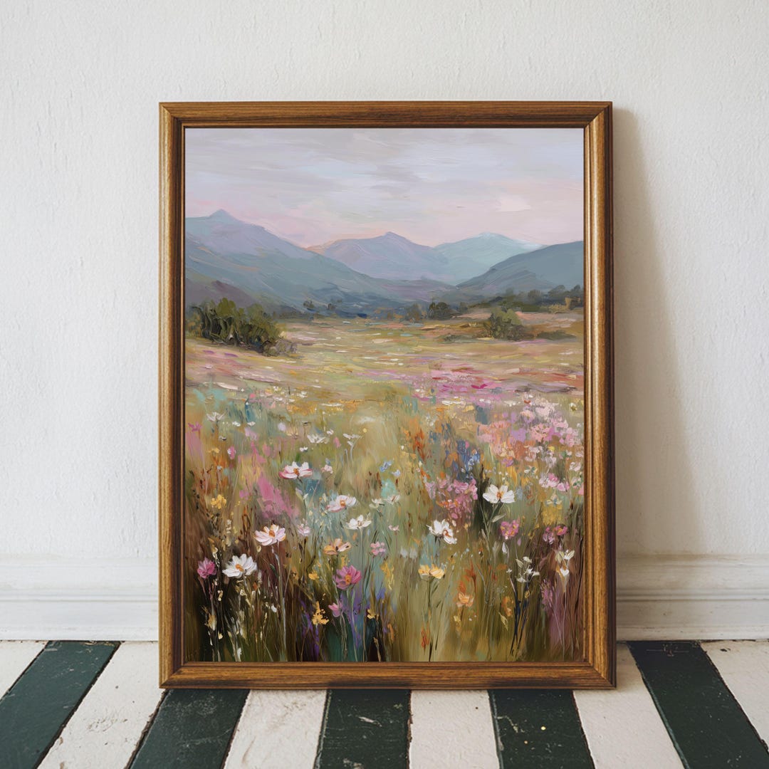 Spring Mountain Meadow Printable Art, Soft Pastel Wildflower Landscape ...
