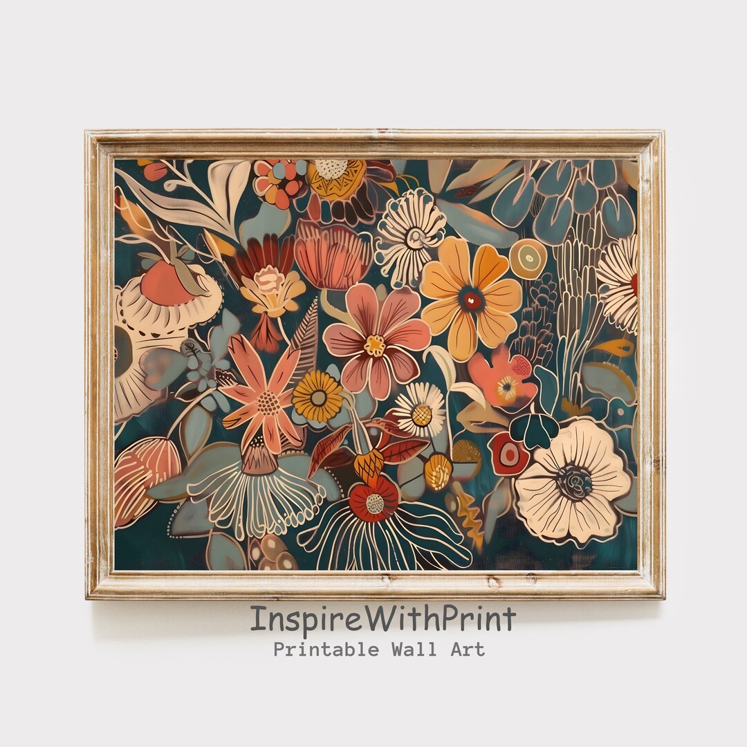 Midcentury Modern Boho Flowers Bouquet Wall Art, Digital Download MCM ...