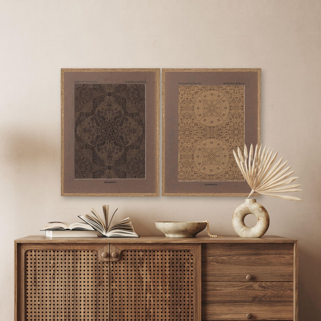 Vintage Floral Pattern Textile Print Set of 2, Antique Textile Wall ...