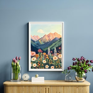 Boho Mountain Wildflower Landscape Print Set of 3, Printable Mountain ...