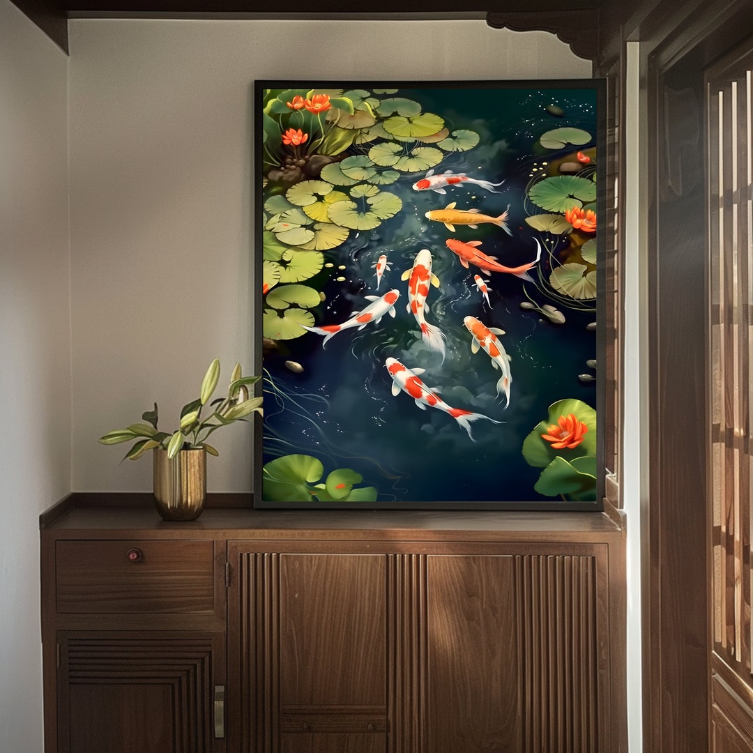 Koi Fishes in the Pond Painting, Digital Download Koi Fish Print Wall ...