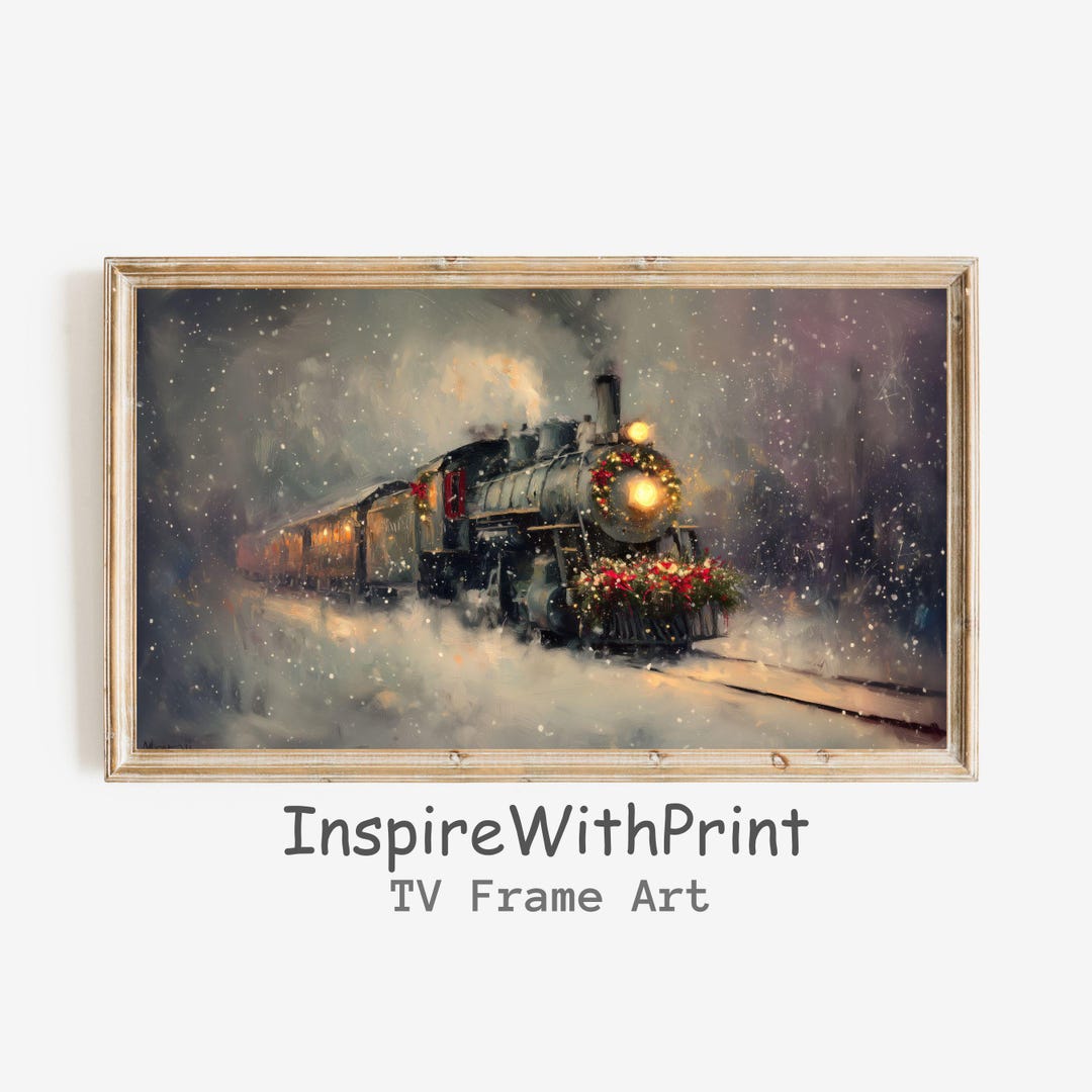 Christmas Train Frame TV Art, Polar Express Winter Train Painting ...