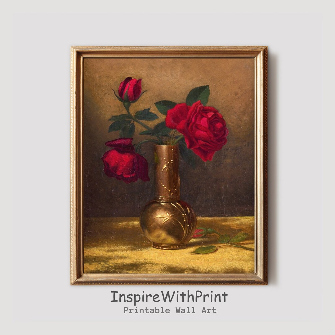 Antique Red Rose Still Life Painting, Digital Download Moody Red Flower ...