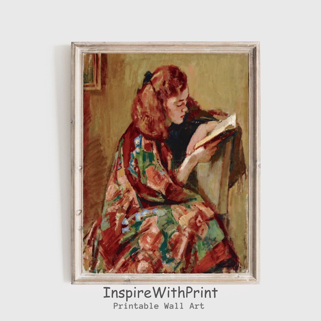 Vintage Woman Reading Print, Girl Reading Painting, Moody Reading Art ...