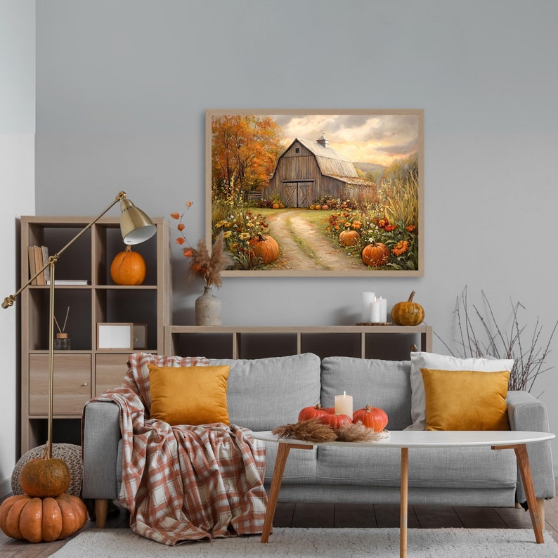 Farmhouse Pumpkin Barn Wall Art, Moody Fall Barn Print, Rustic Fall Art ...