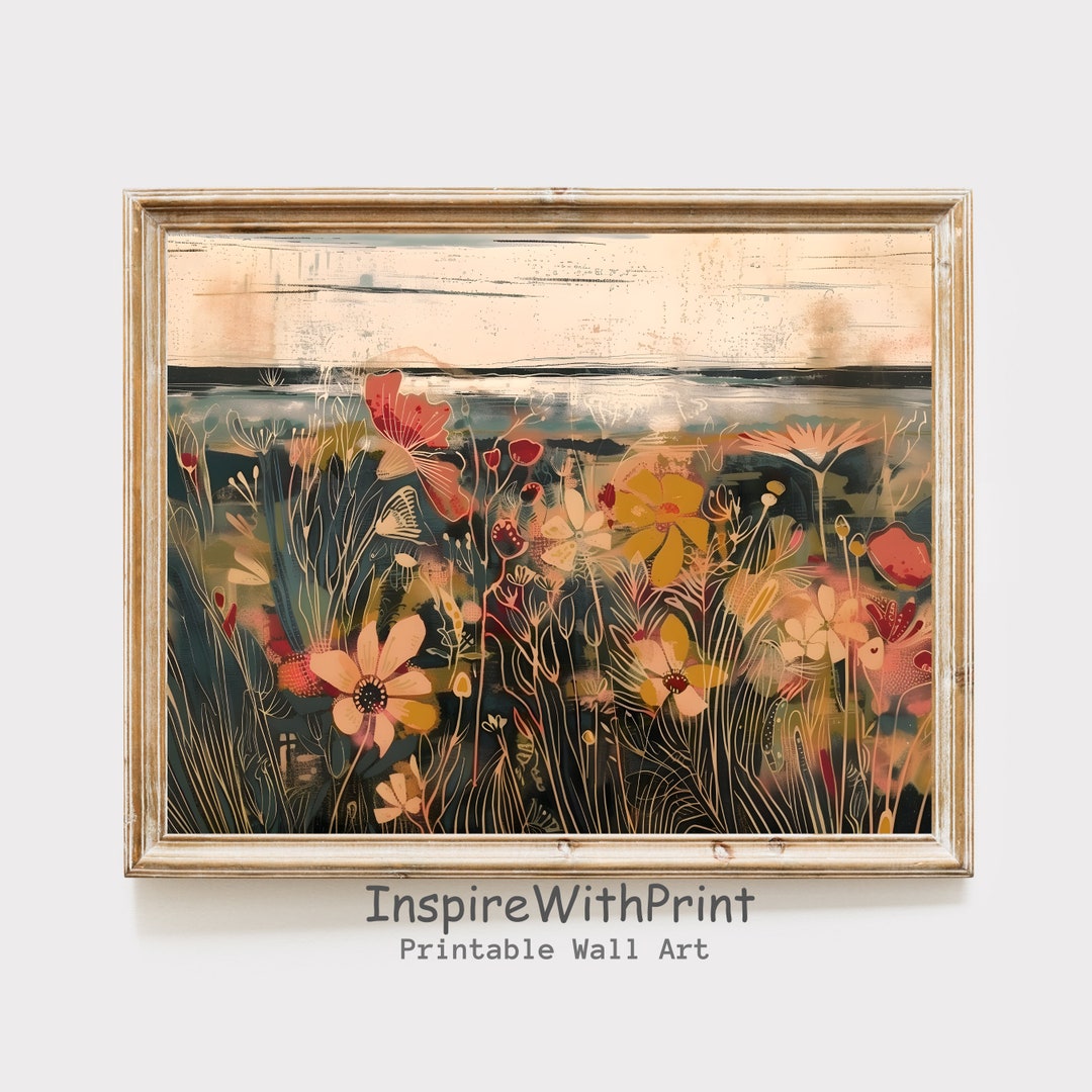 Boho Flower Wall Art, Printable Summer Landscape Print, Coastal Side ...