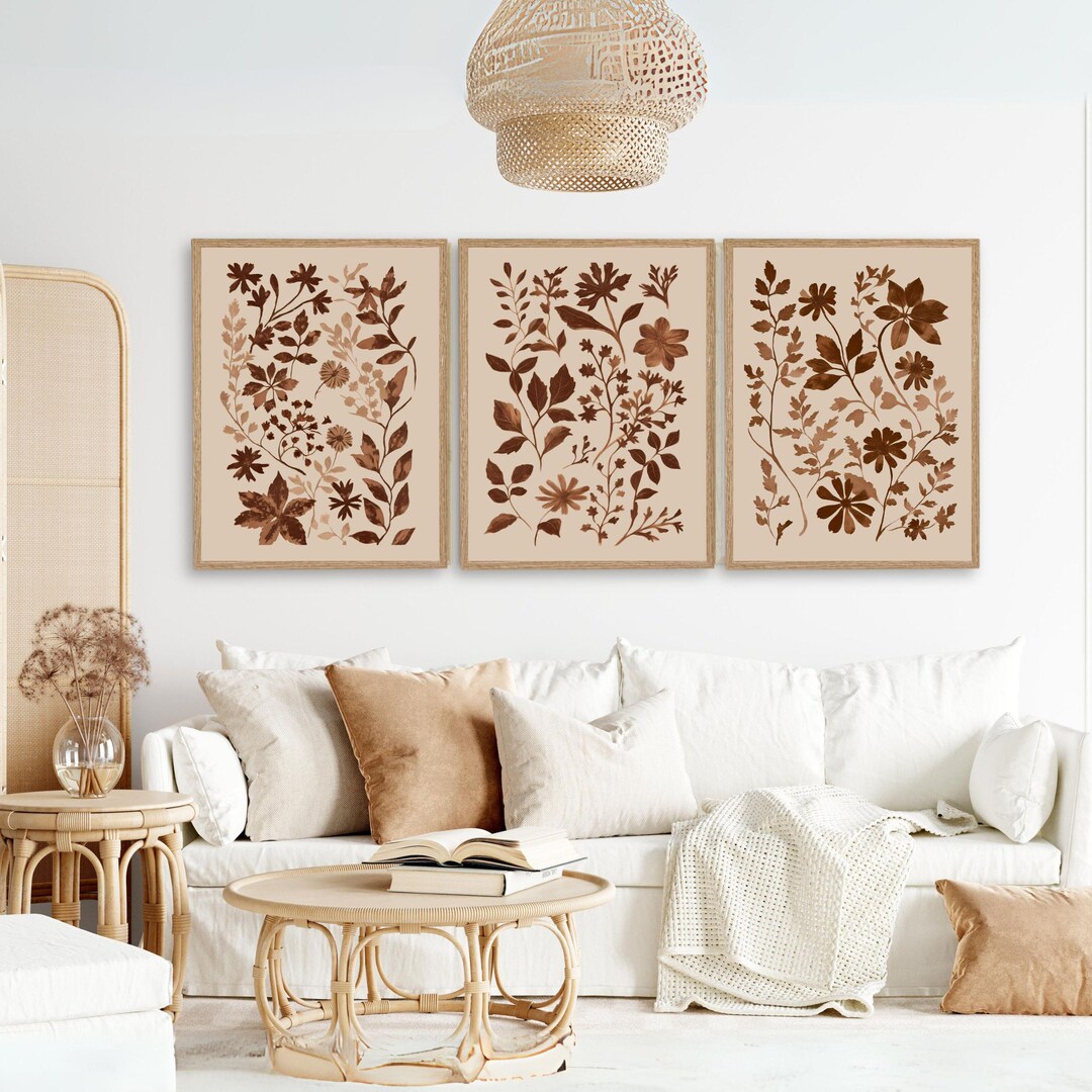 Neutral Botanical Printable Boho Wall Art Set of 3, MCM Floral Print ...