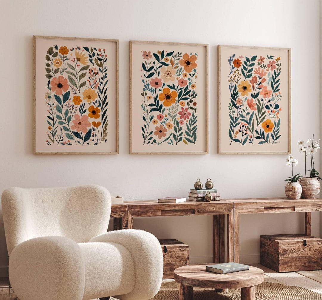 Boho Flower Botanical Print Set of 3, Boho Floral Printable Abstract ...