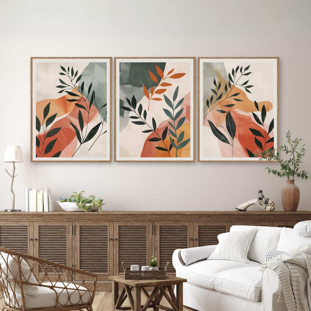 Midcentury Modern Boho Wall Art Set of 3, Abstract Boho Botanical ...
