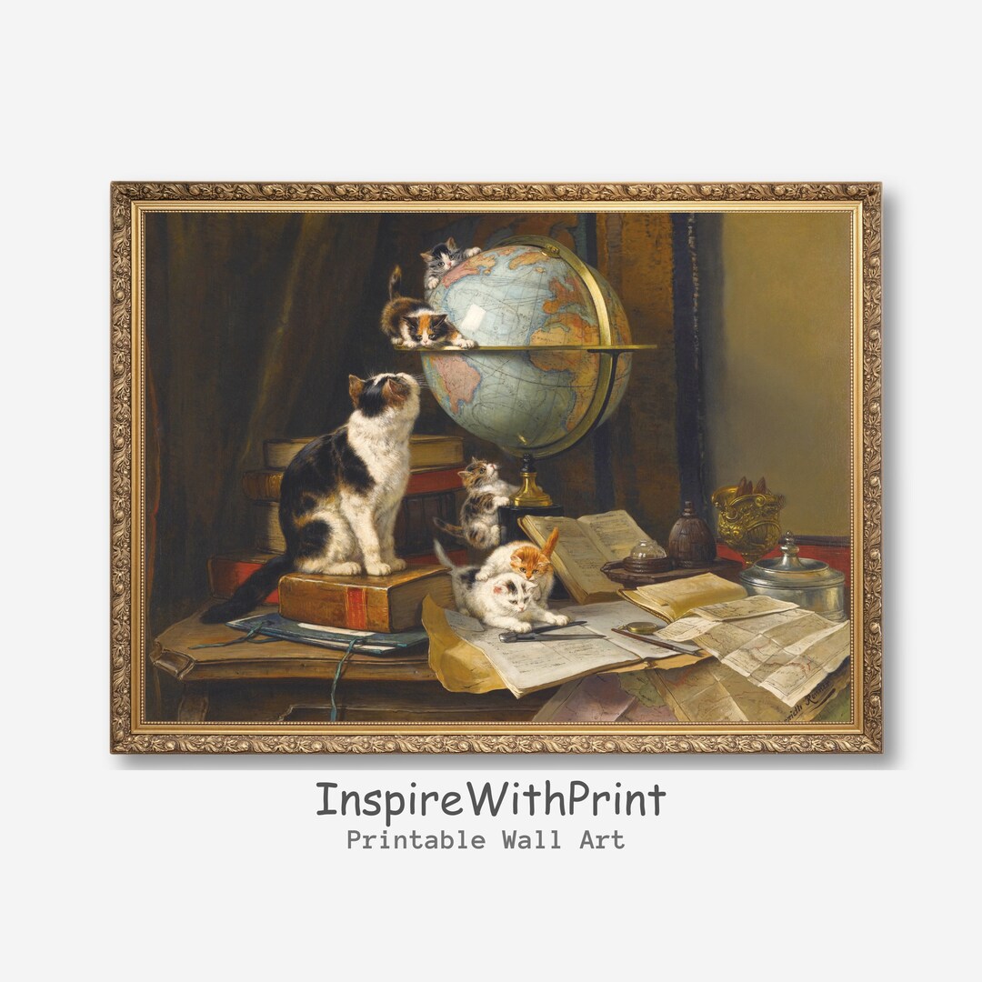 Cats Playing With Globe Painting, Vintage Cat Wall Art, Digital ...