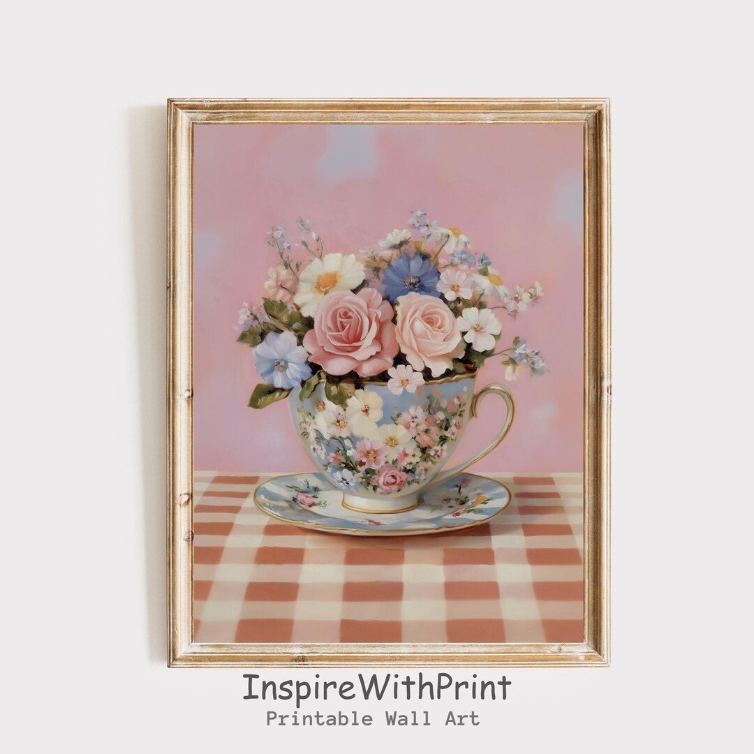Gingham Floral Teacup Print, Cottage Core Print, Country Vintage Teacup ...
