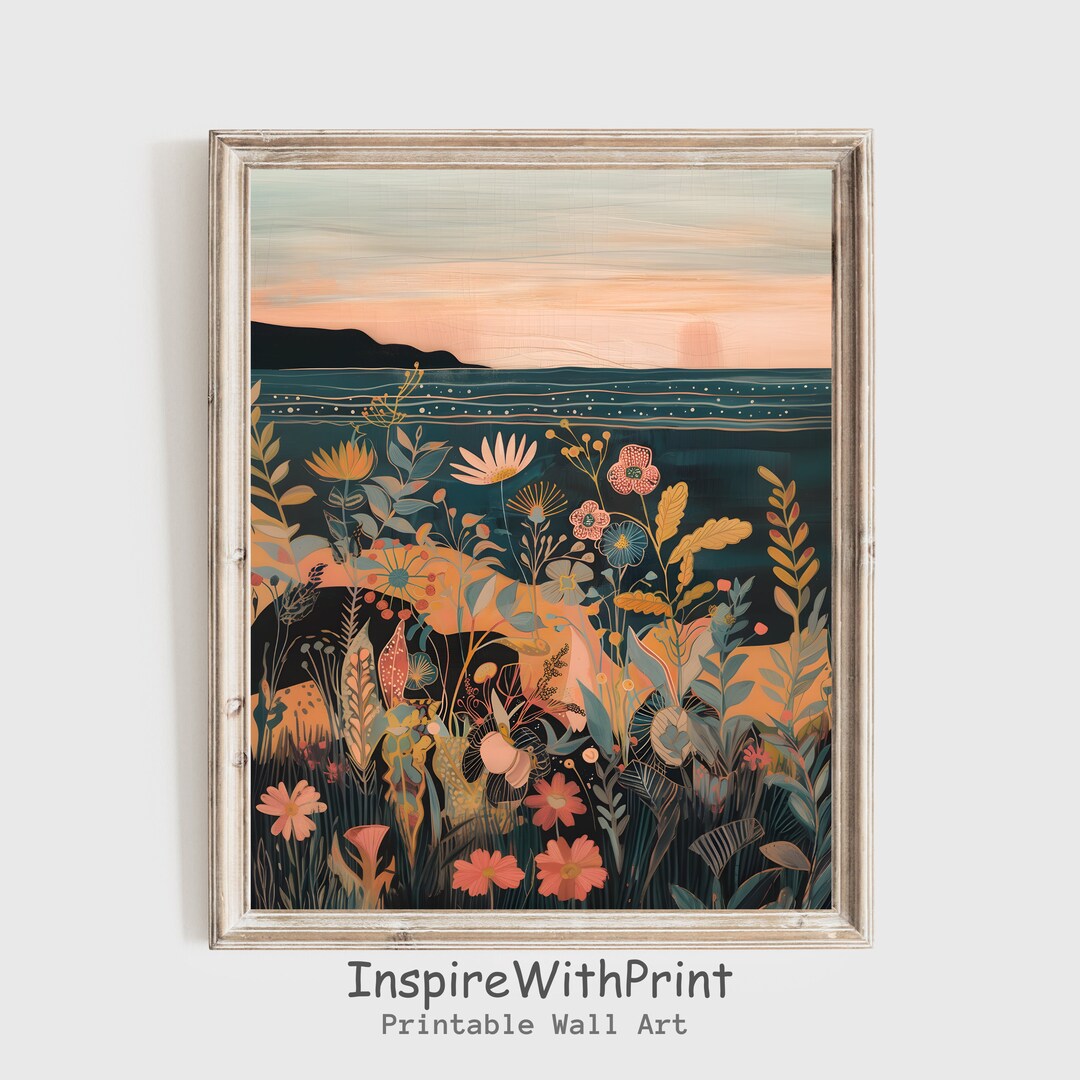 Boho Flower Wall Art, Printable Summer Landscape Print, Coastal Side ...