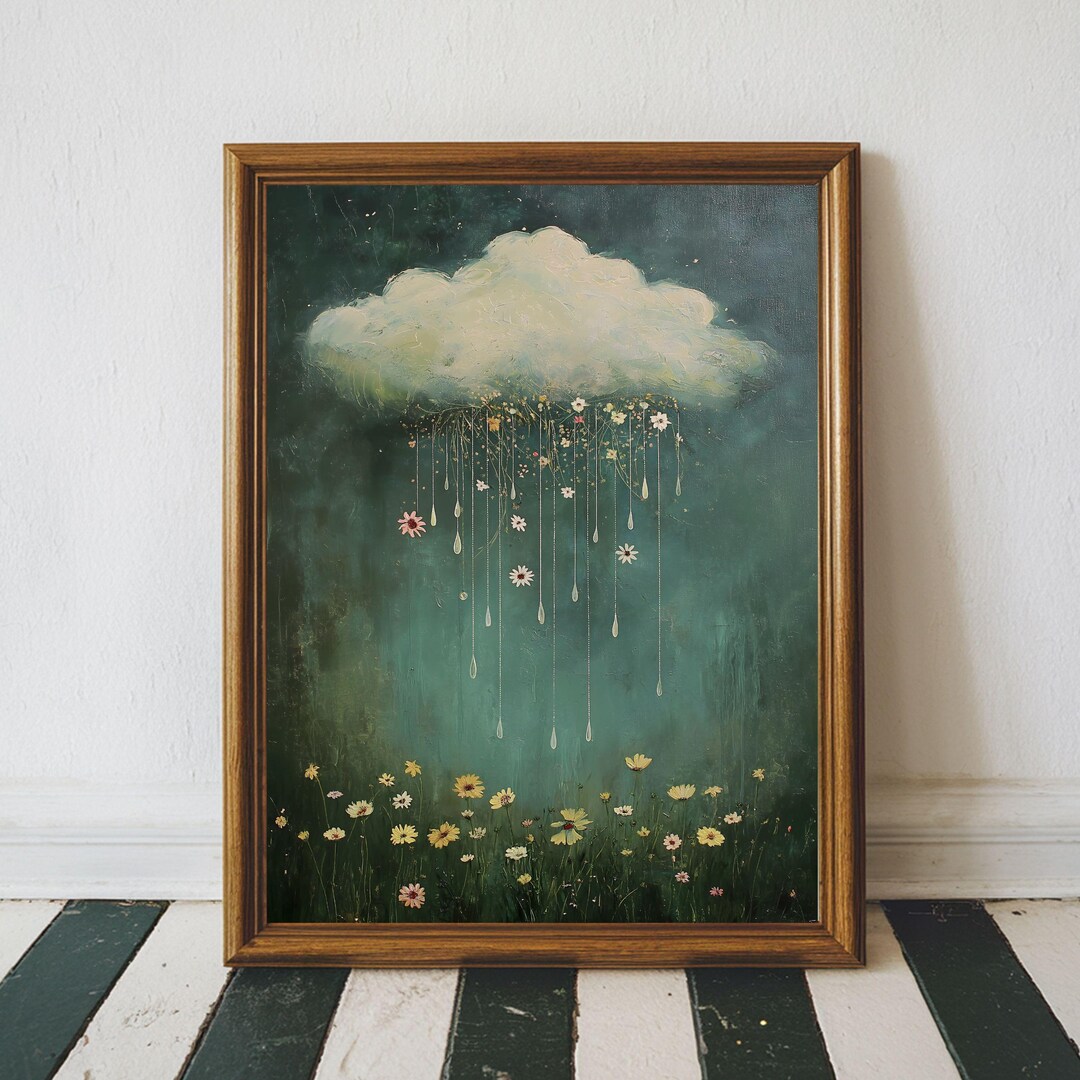 Moody Cloud Wall Art, Raining Cloud and Wildflower Landscape Painting ...