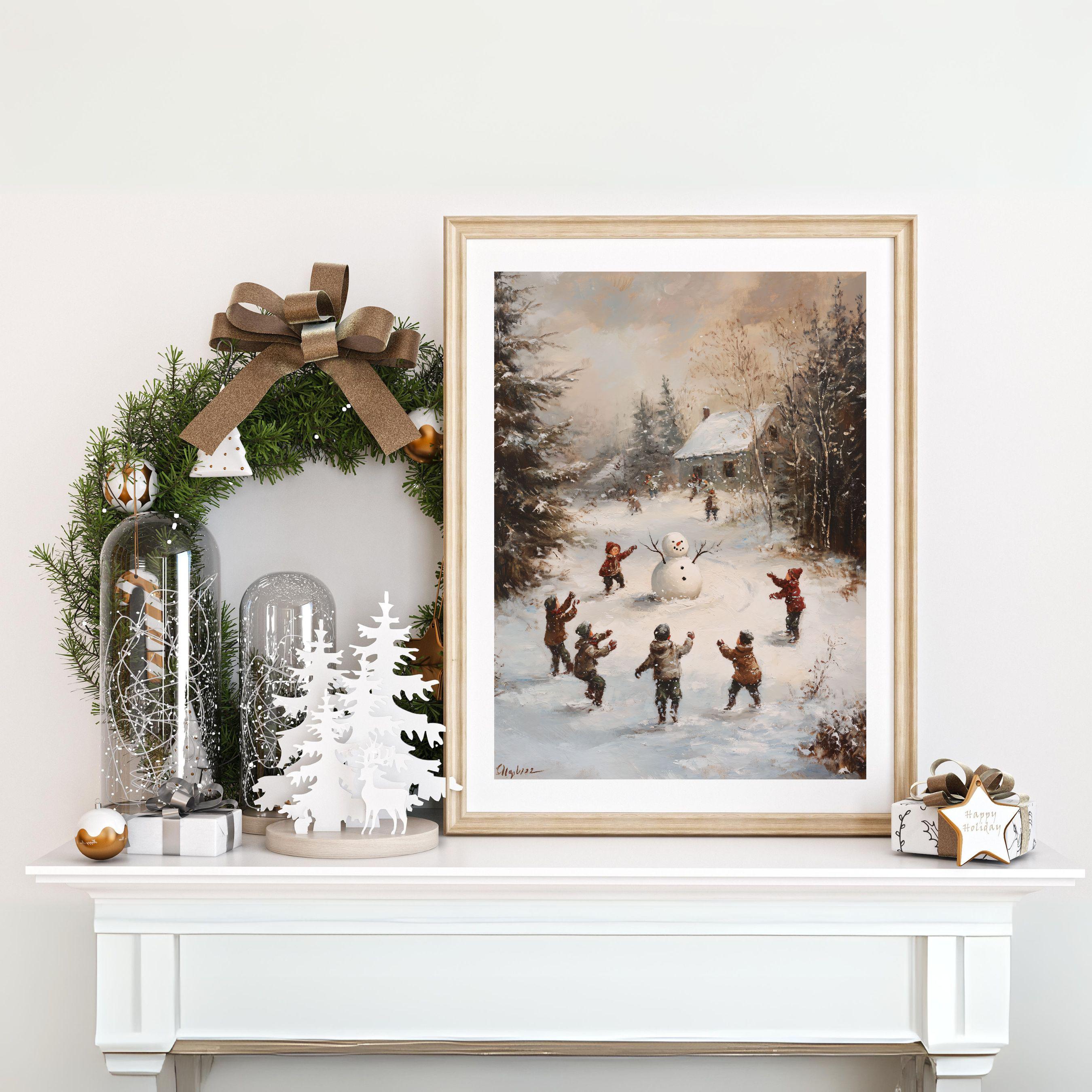 Winter Kids Playing in Snow Printable Christmas Wall Art, Farmhouse ...