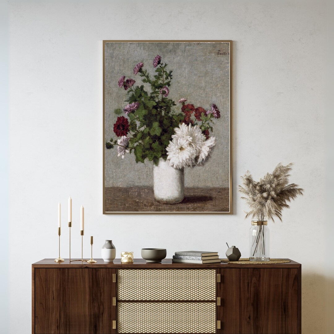 Moody Flower Painting, Printable Flower Still Life Wall Art, Vintage ...