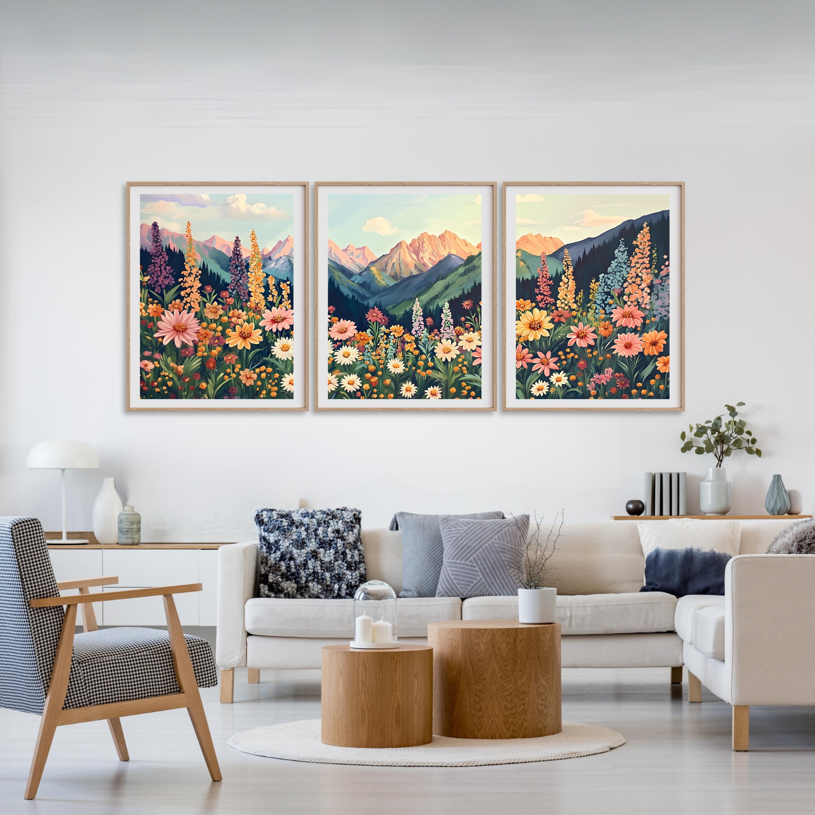 Boho Mountain Wildflower Landscape Print Set of 3, Printable Mountain ...
