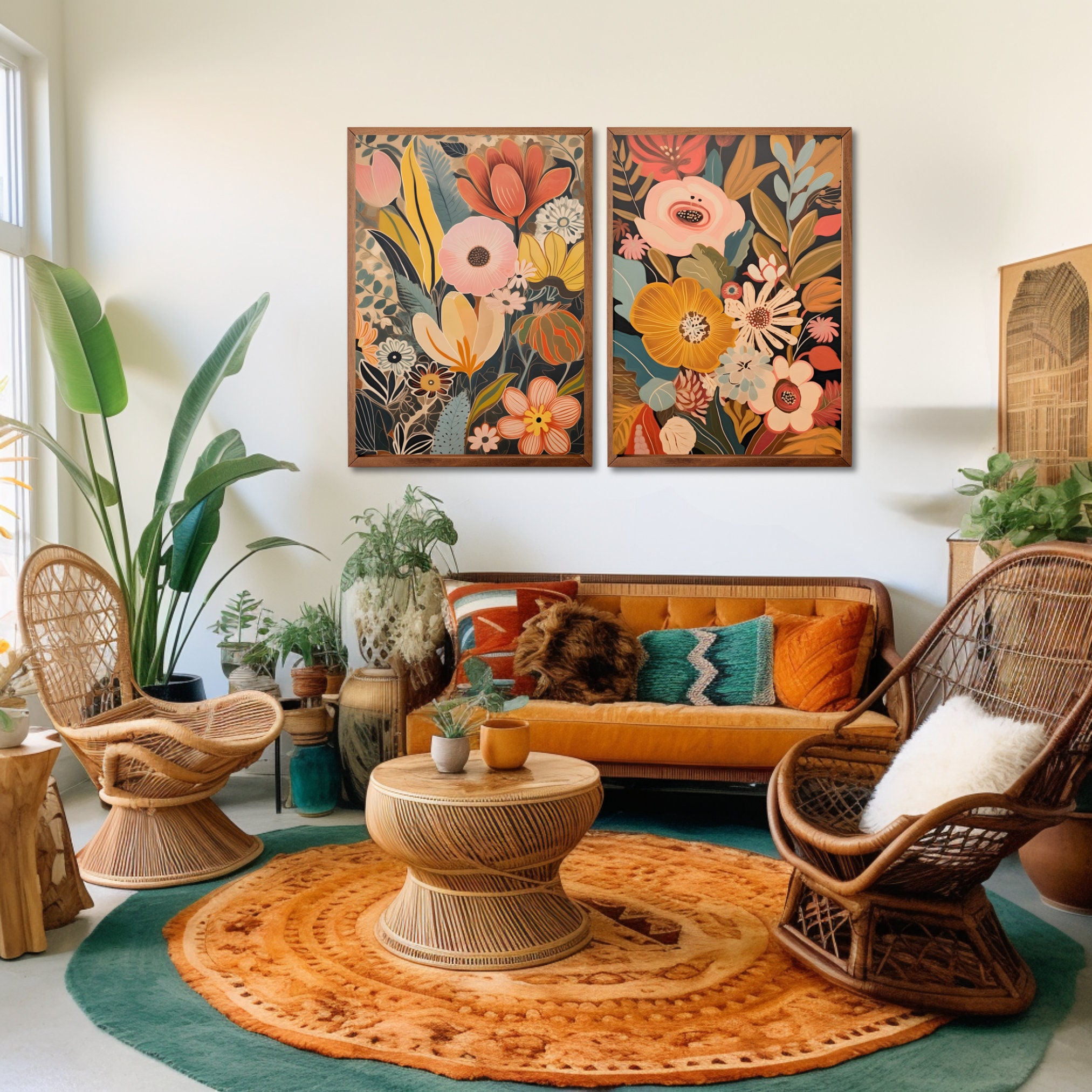 Midcentury Modern Boho Flowers Bouquet Set of 2 Printable Wallarts ...