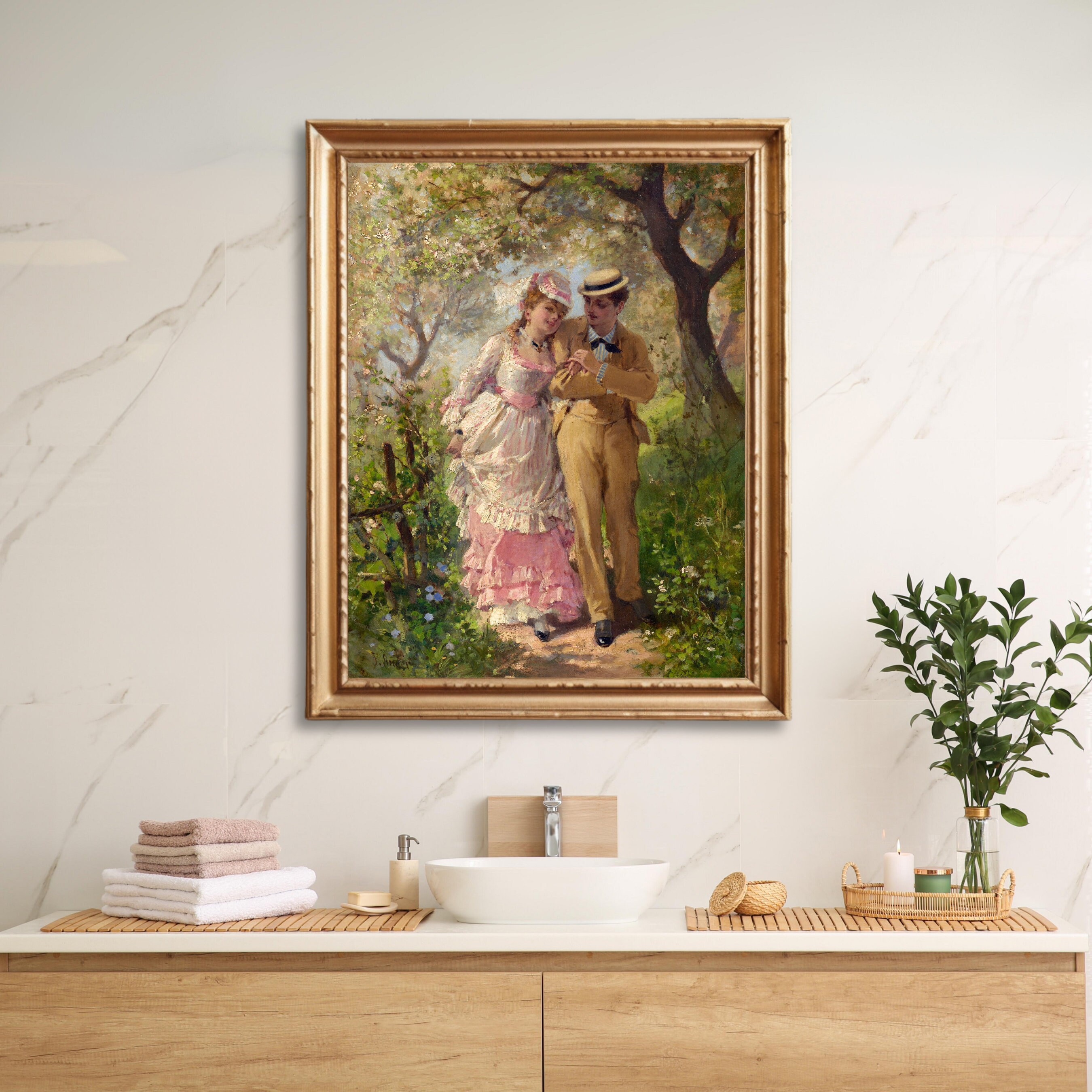 Vintage Couple Painting, Lovers Walking in the Garden Wall Art, Digital ...