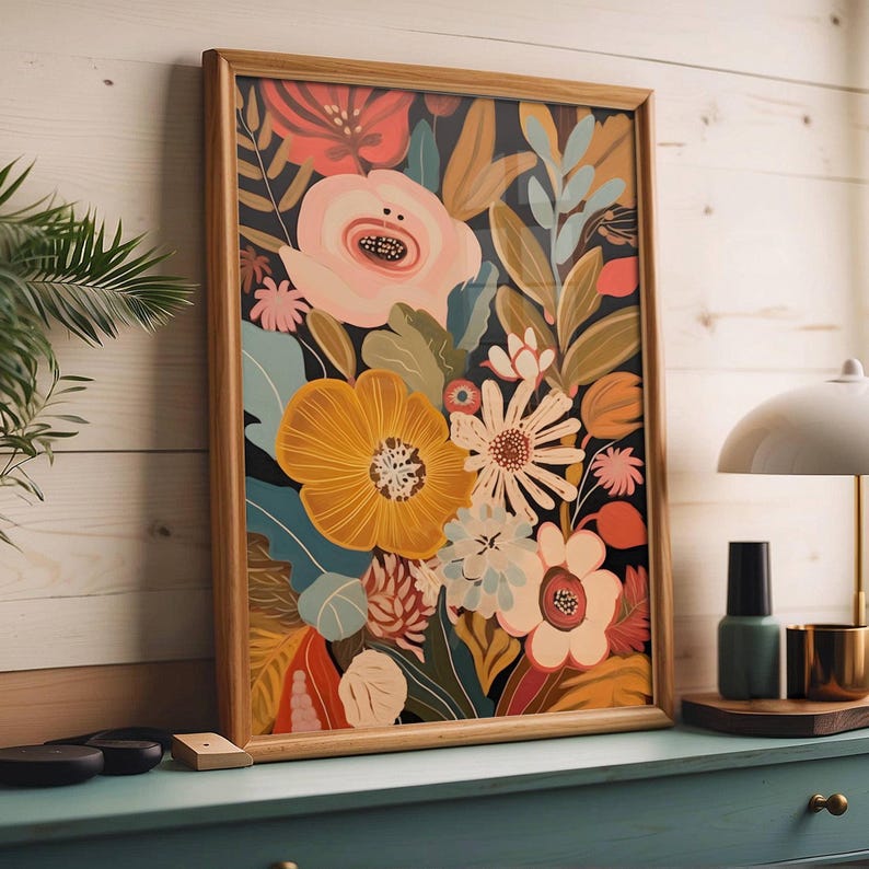 Midcentury Modern Boho Flowers Bouquet Set of 2 Printable Wallarts ...