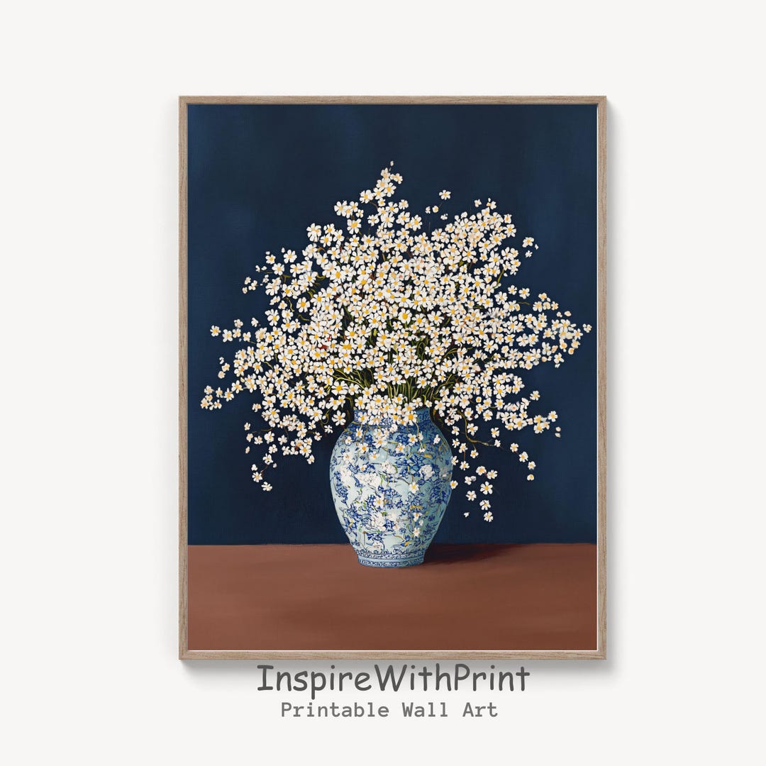 Chamomile Flower Bouquet in Chinoiserie Vase Print, Chamomile Wall Art ...