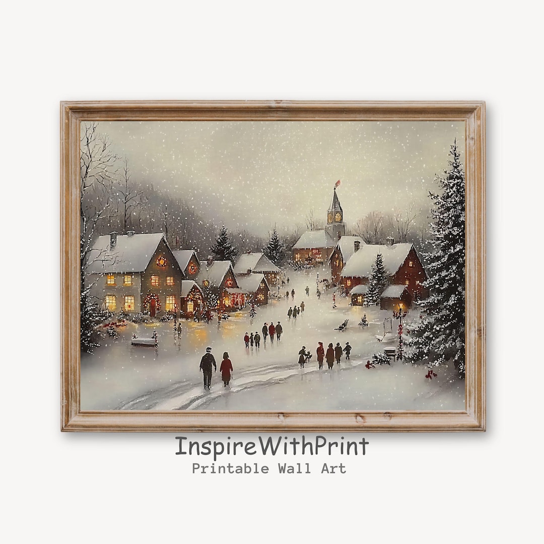 Snowy Christmas Village Print, Holiday Winter Printable Wall Art ...