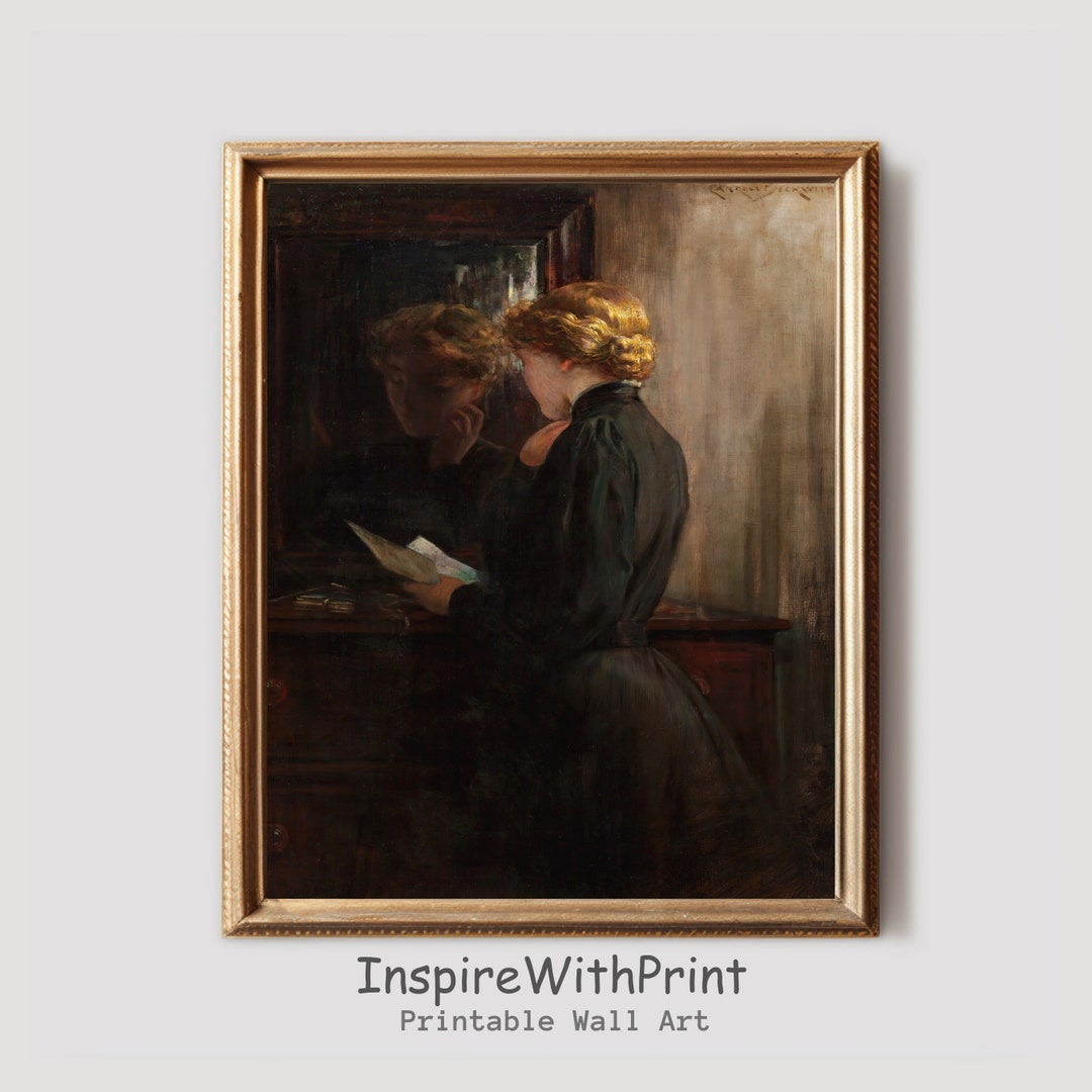 Vintage Woman Reading Portrait Painting, Digital Download Antique Dark ...
