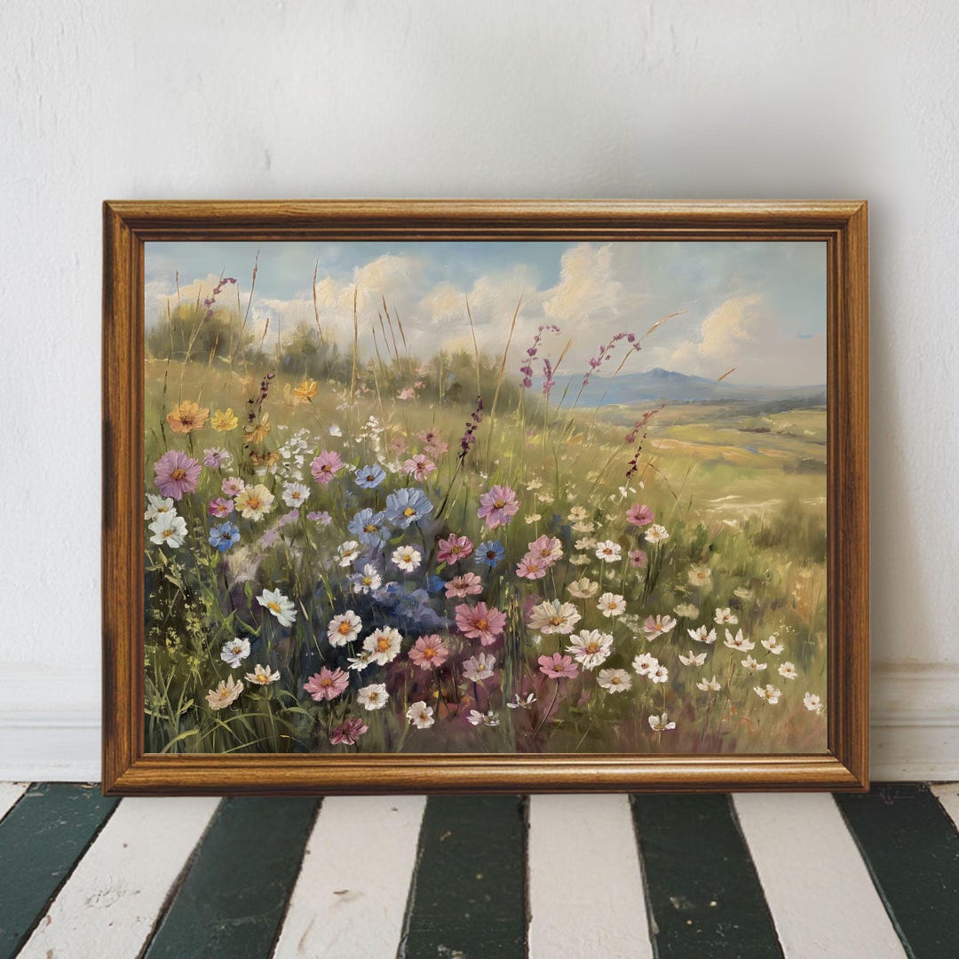 Vintage Wildflower Field Oil Painting, Pastel Flower Meadow Art ...