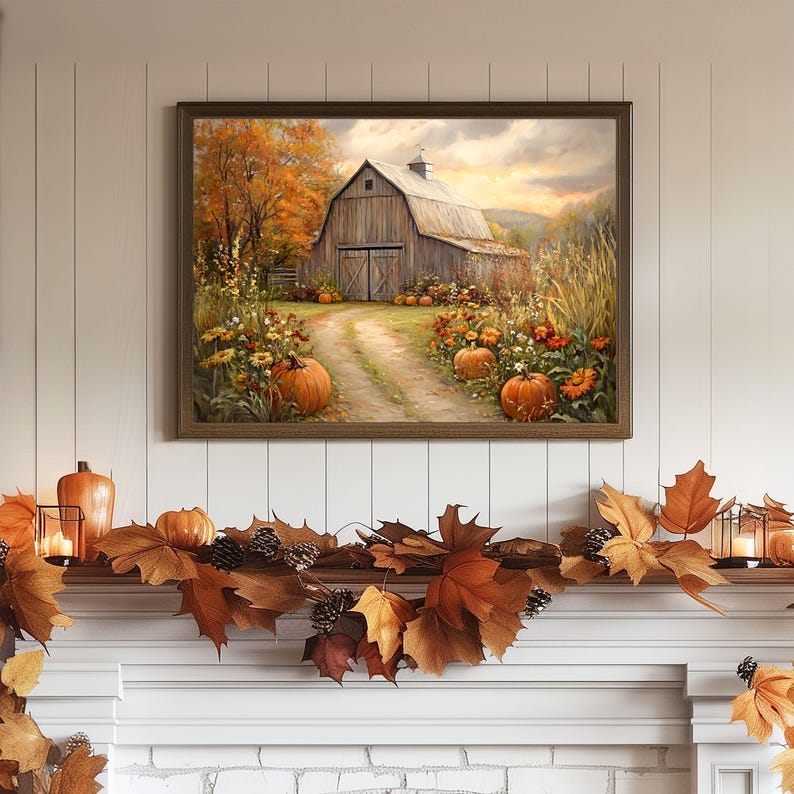 Farmhouse Pumpkin Barn Wall Art, Moody Fall Barn Print, Rustic Fall Art ...