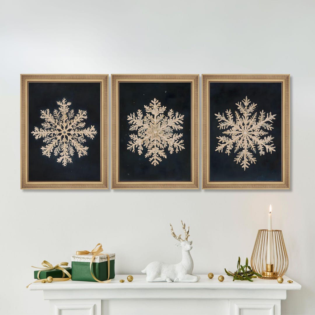 Snowflake Print Set of 3, Winter Wall Decor Snowflake Art, Dark ...