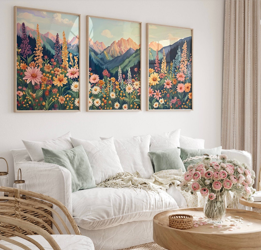 Boho Mountain Wildflower Landscape Print Set of 3, Printable Mountain ...
