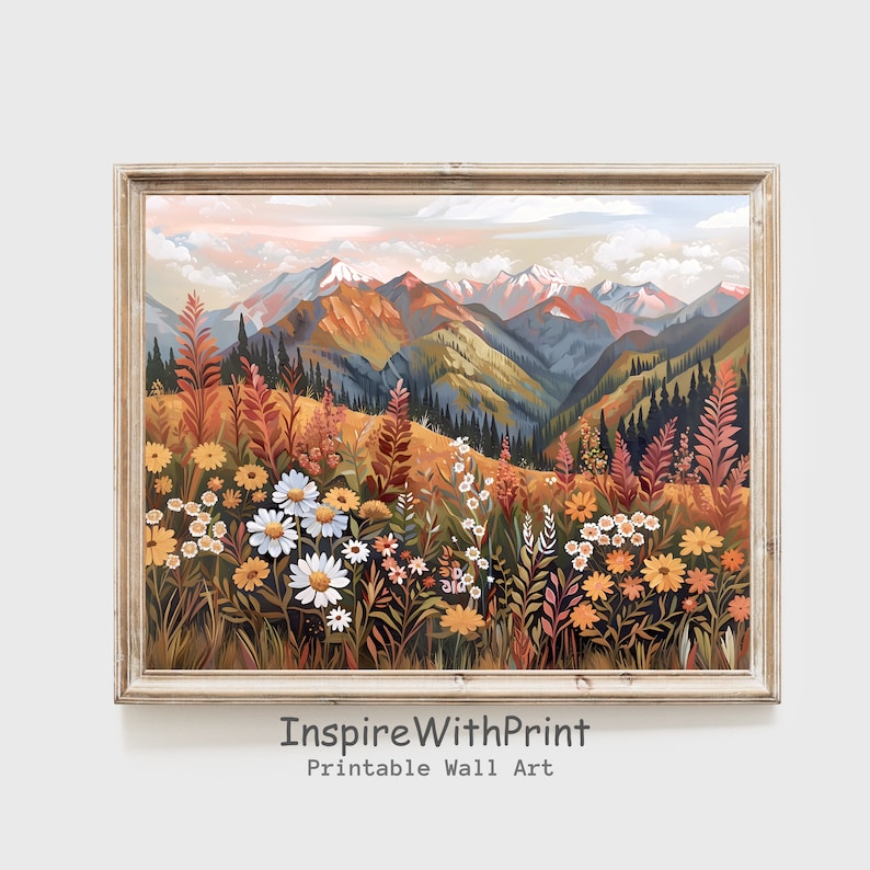 Mountain Wildflower Landscape Art Print, Boho Earth Tones Landscape ...