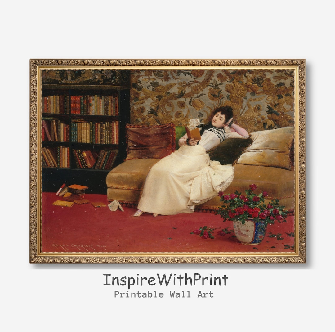 Vintage Woman Reading on the Sofa Painting, Moody Reading Book Art ...