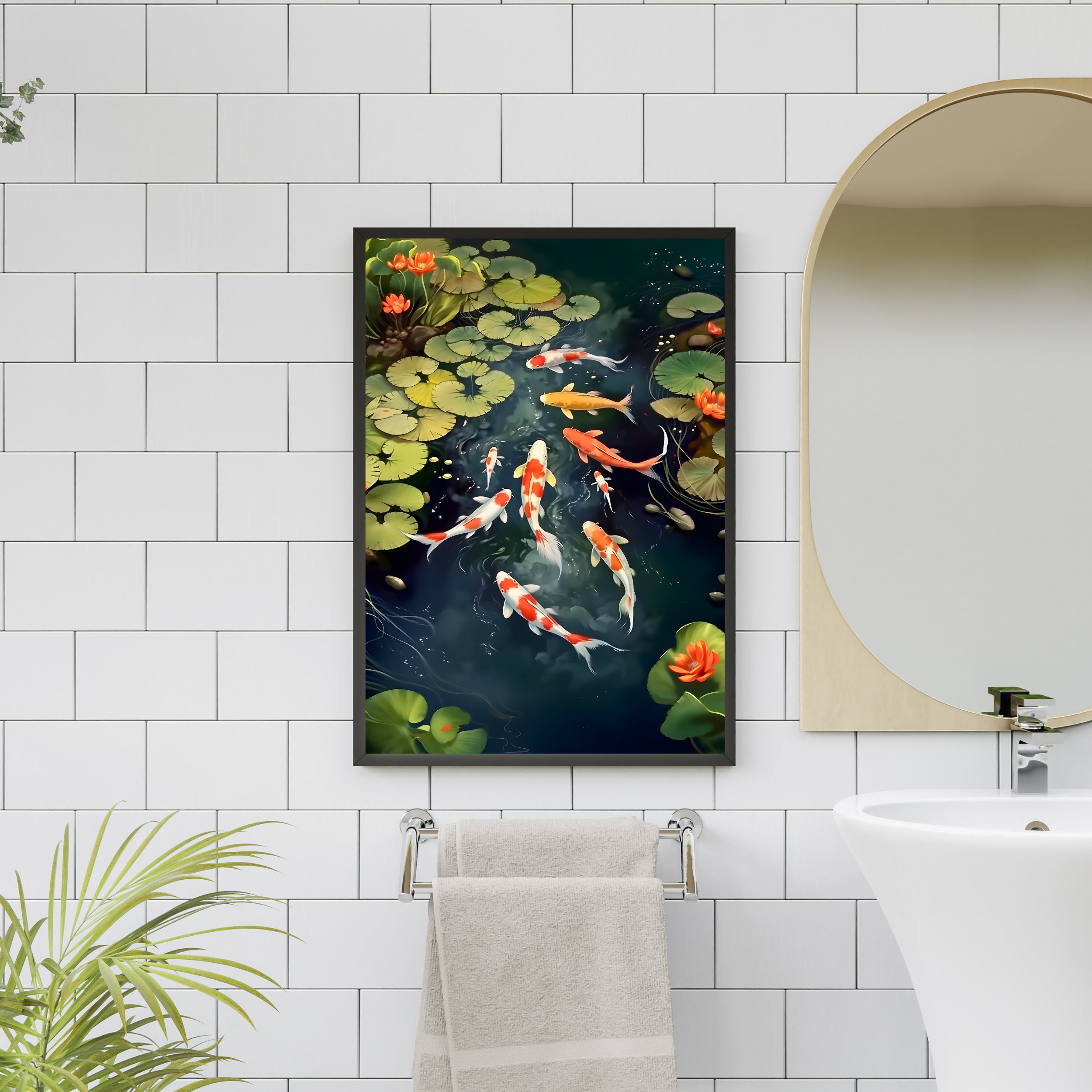 Koi Fishes in the Pond Painting, Digital Download Koi Fish Print Wall ...
