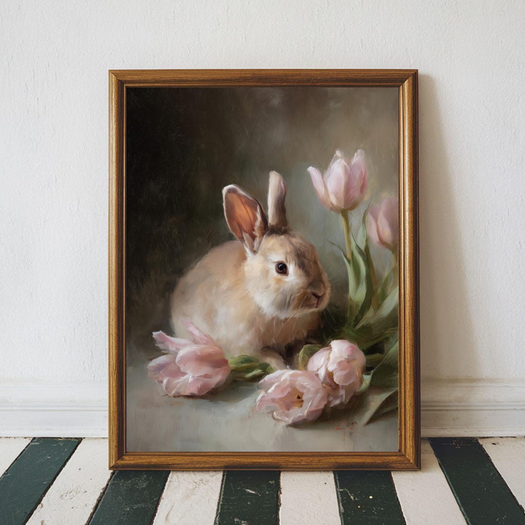Spring Bunny Wall Art Printable, Vintage Easter Rabbit Painting ...