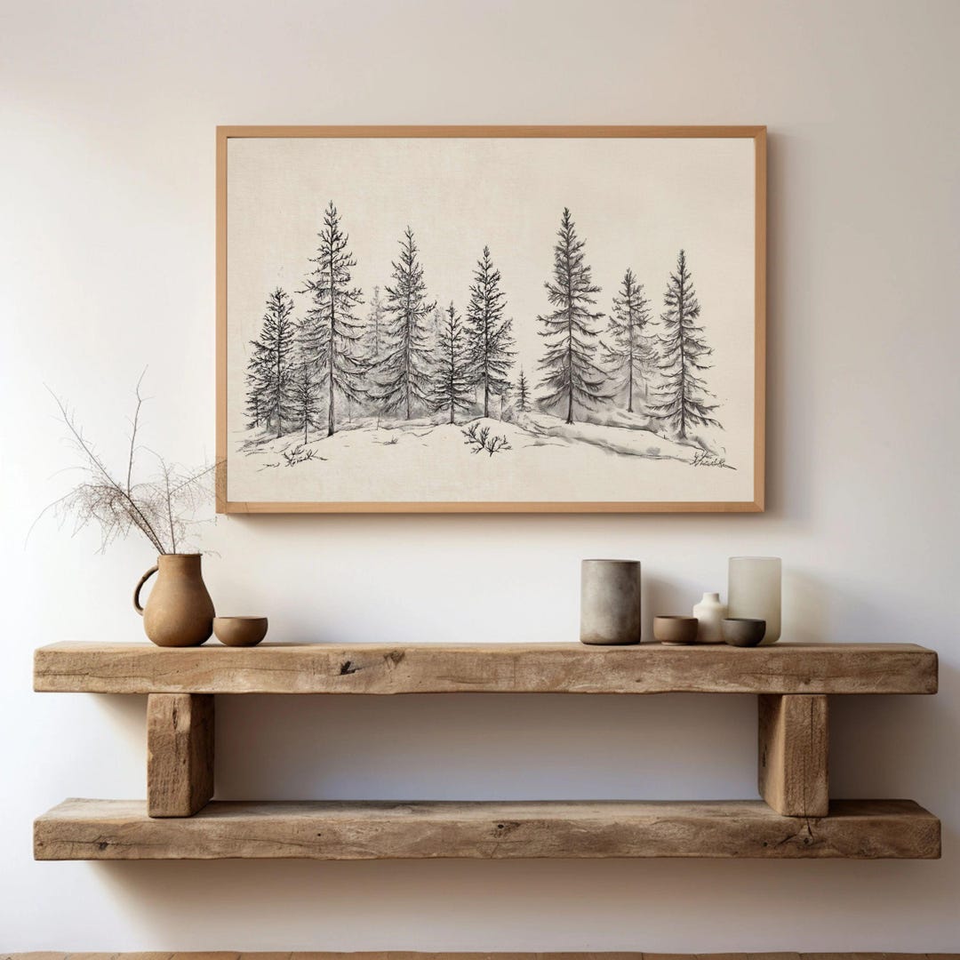 Pine Tree Forest Sketch Print, Vintage Pine Tree Forest Art, Winter ...