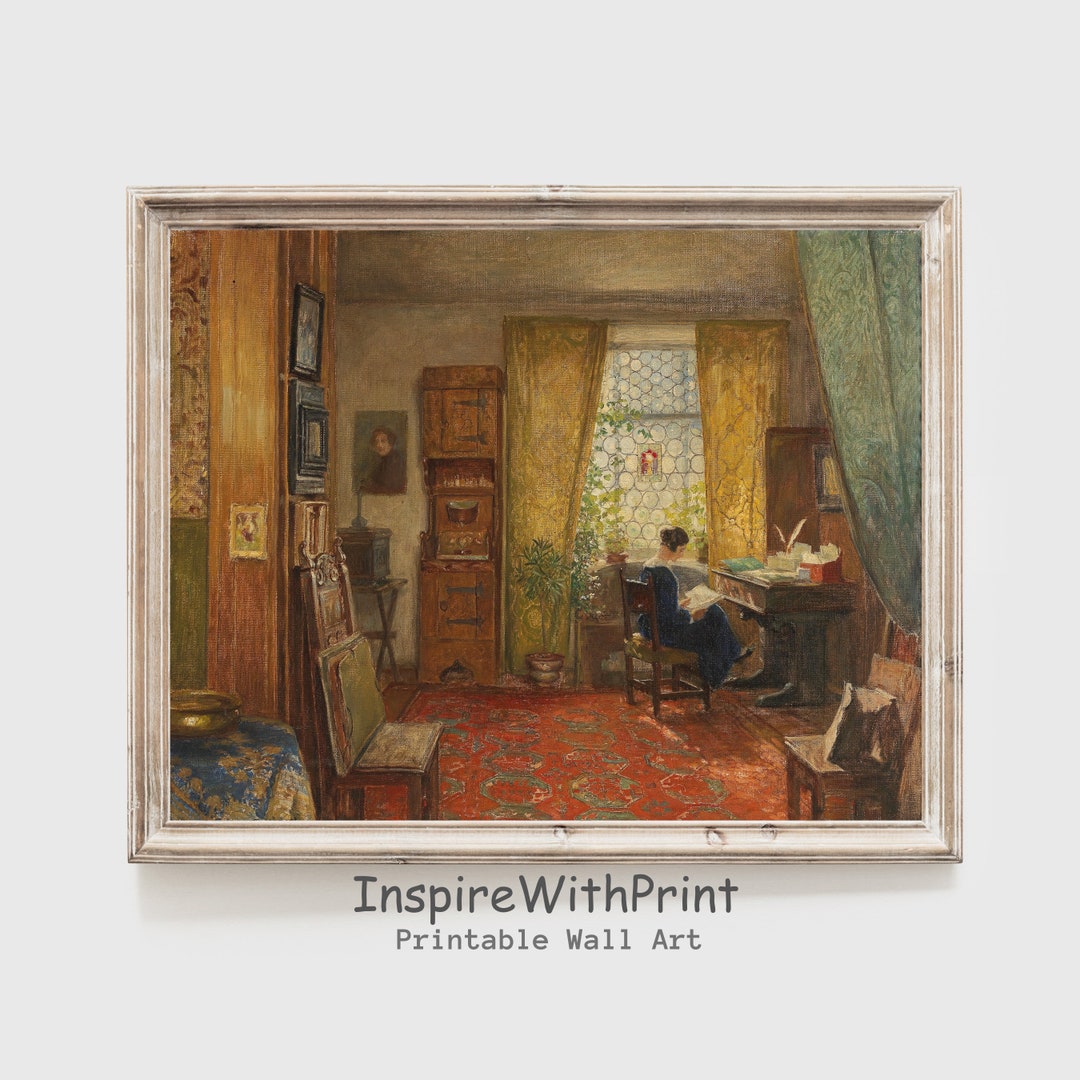 Vintage Woman Reading Painting, Digital Download Antique Interior Print ...