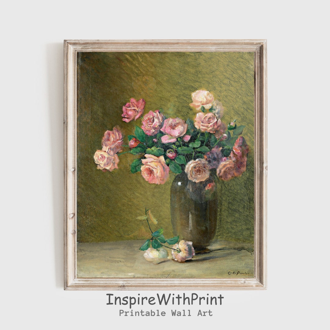 Vintage Pink Rose Painting, Digital Download Moody Flower Print, Artful ...