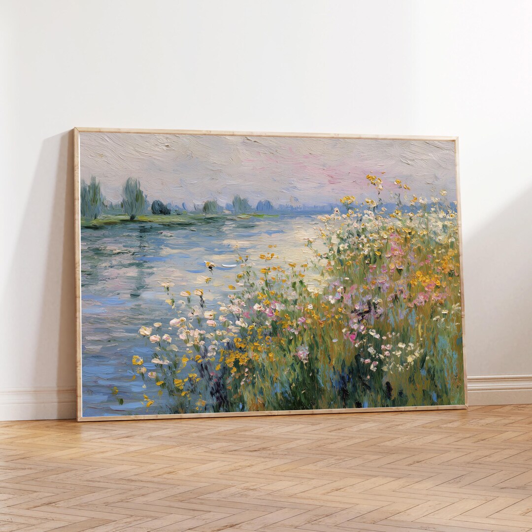 Spring Wildflower Lake Art Printable, Pastel Floral Landscape, Cottage ...