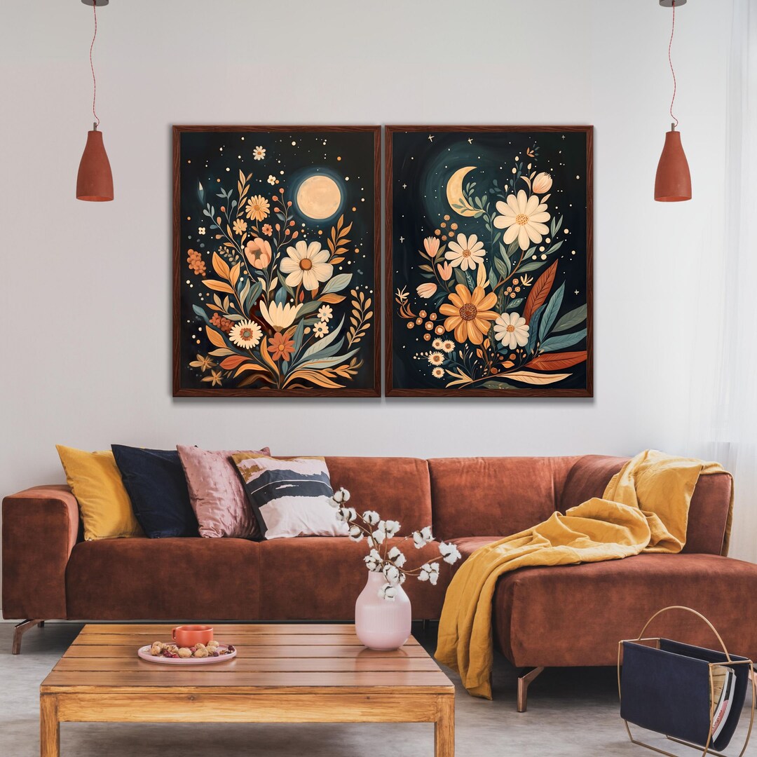 Boho Moon Phases Print Set of 2, Midcentury Modern Earth Tone Wall Art ...