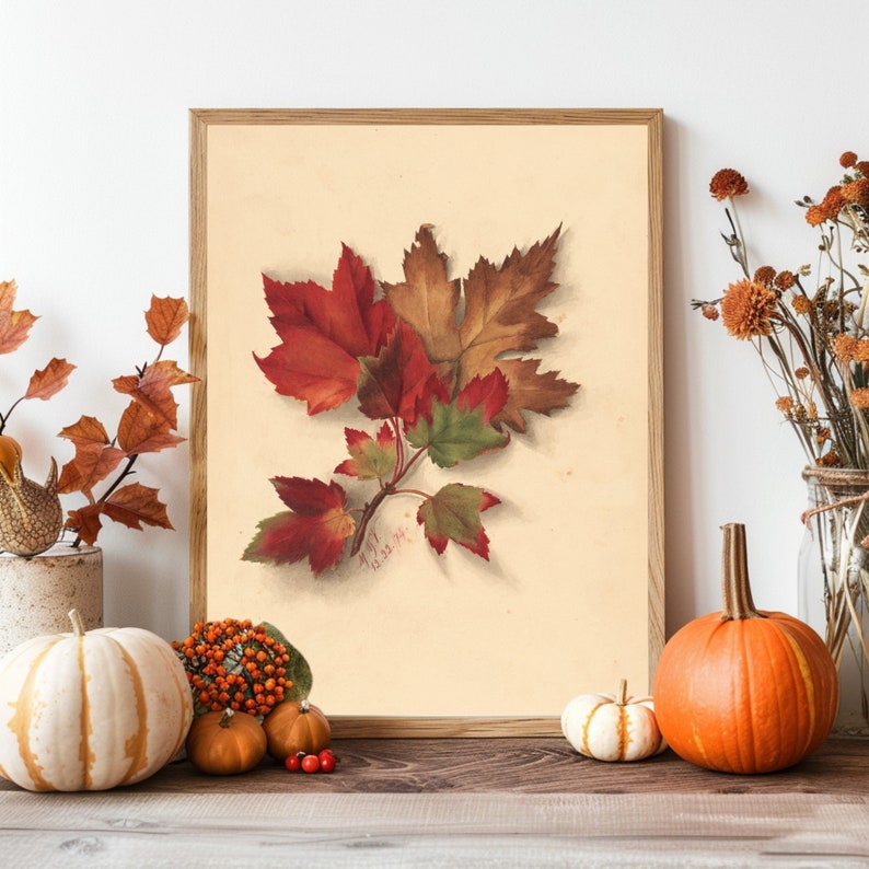 Vintage Fall Leaves Print, Red Maple Leaf Wall Art, Neutral Rustic ...
